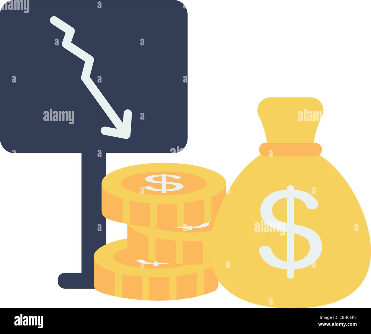 stock market crash concept, sign with financial arrow down and money ...