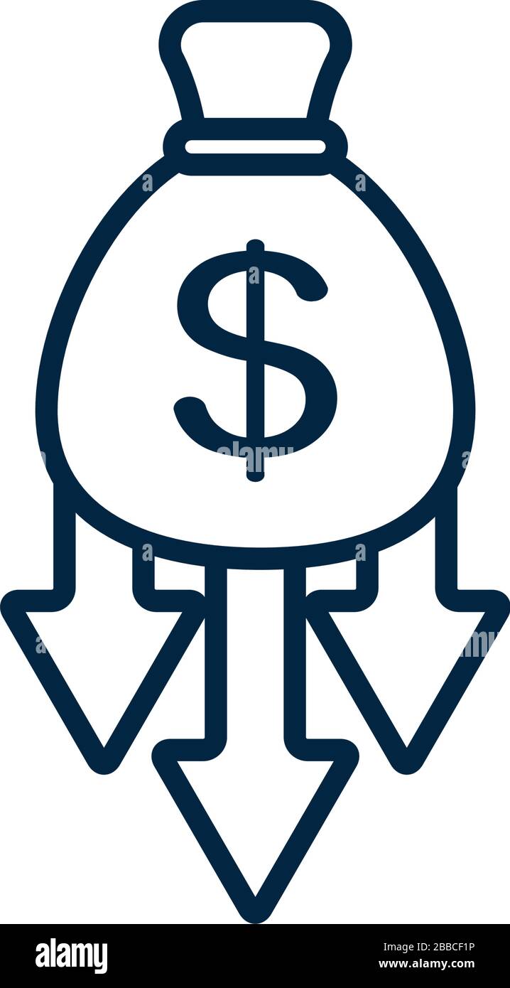money bag with down arrows icon over white background, line style ...