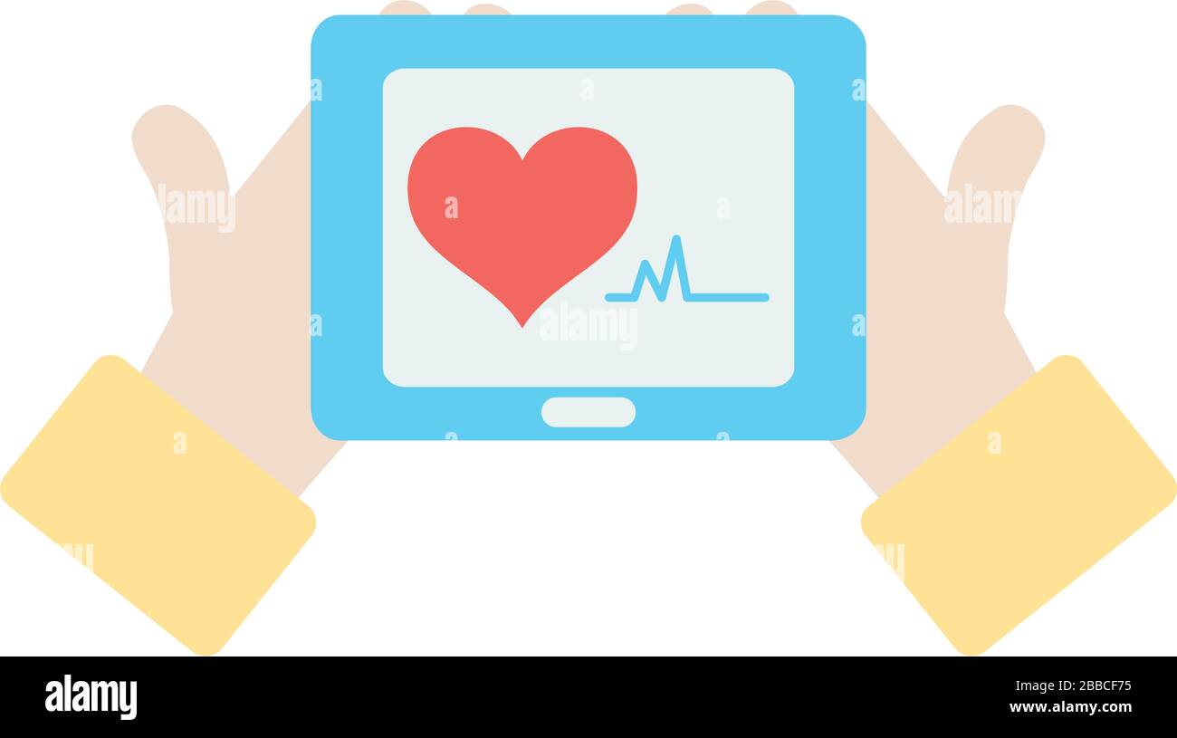hands holding a tablet with cardio heart on screen icon over white ...