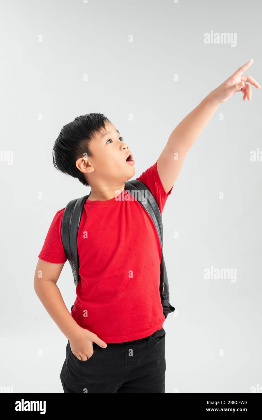 Beautiful student kid boy wearing backpack holding book over isolated ...