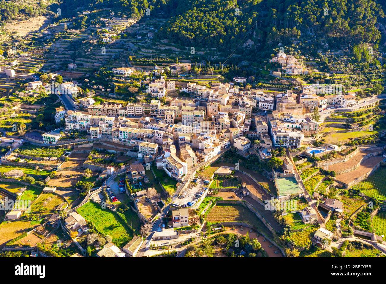 Terraced landscape, Banyalbufar, Serra de Tramuntana, Aerial view ...