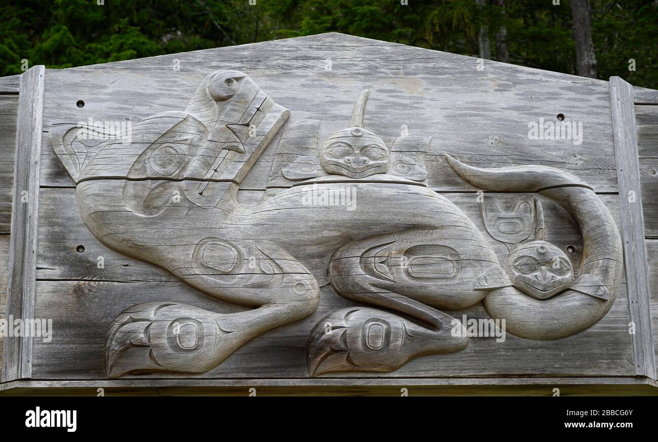 Wasco, the Sea Wolf, marks the entrance to Spirit Lake Trail, Skidegate ...