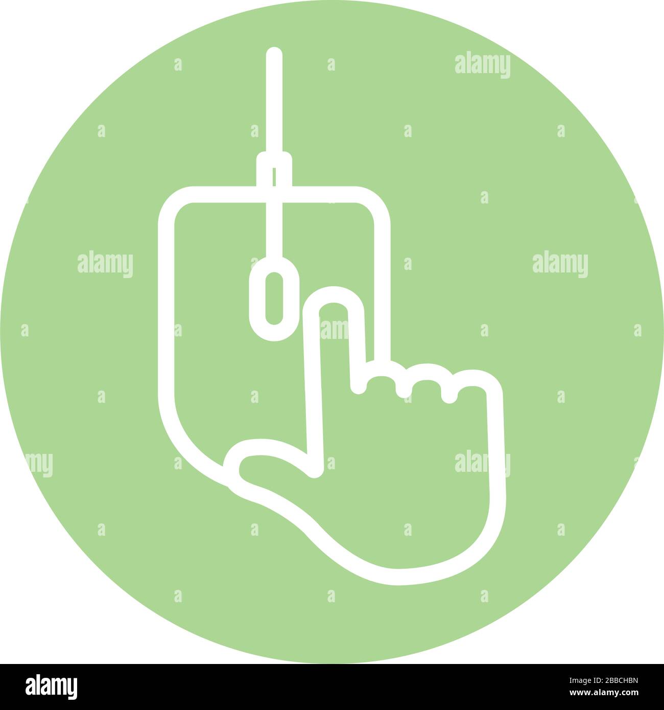 hand touching a mouse device icon over white background, line block ...
