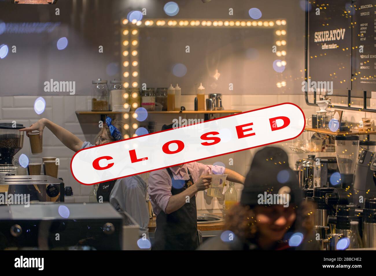 Side view of small city coffee house. Crossed by closed banner. Cafe ...