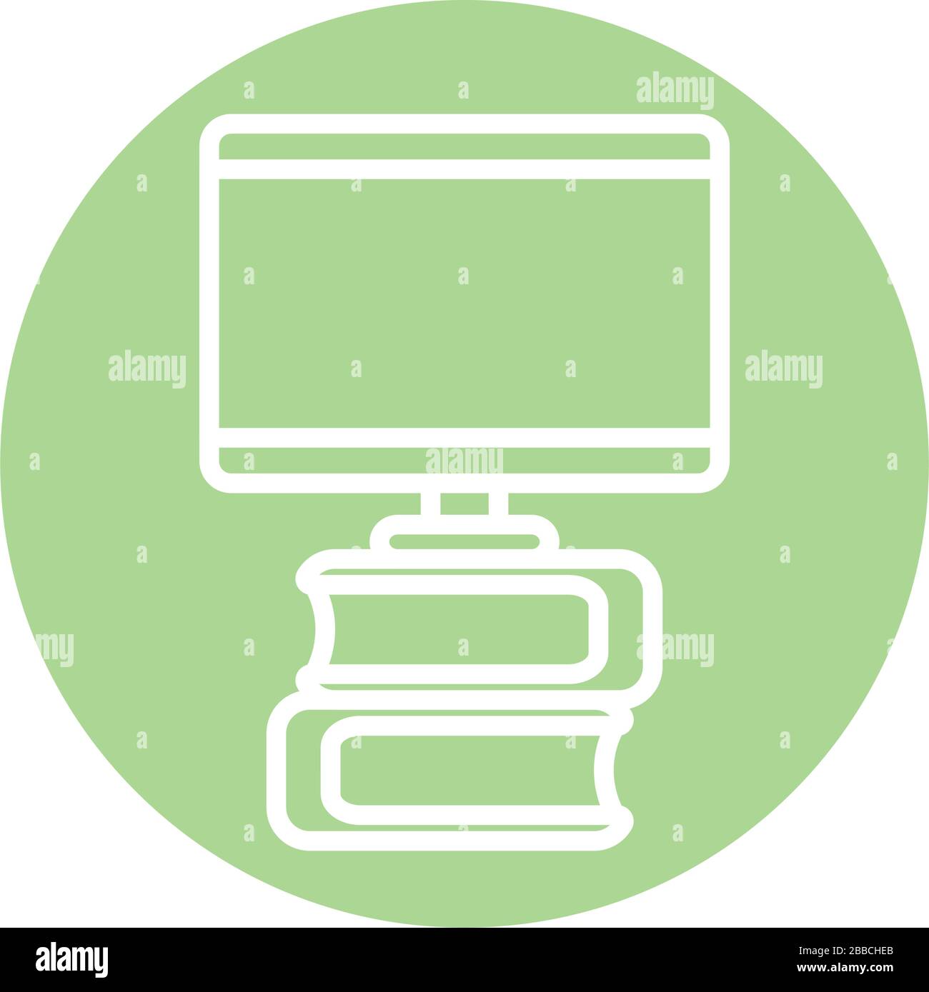 monitor computer on stack of books icon over white background, line block style, vector ...