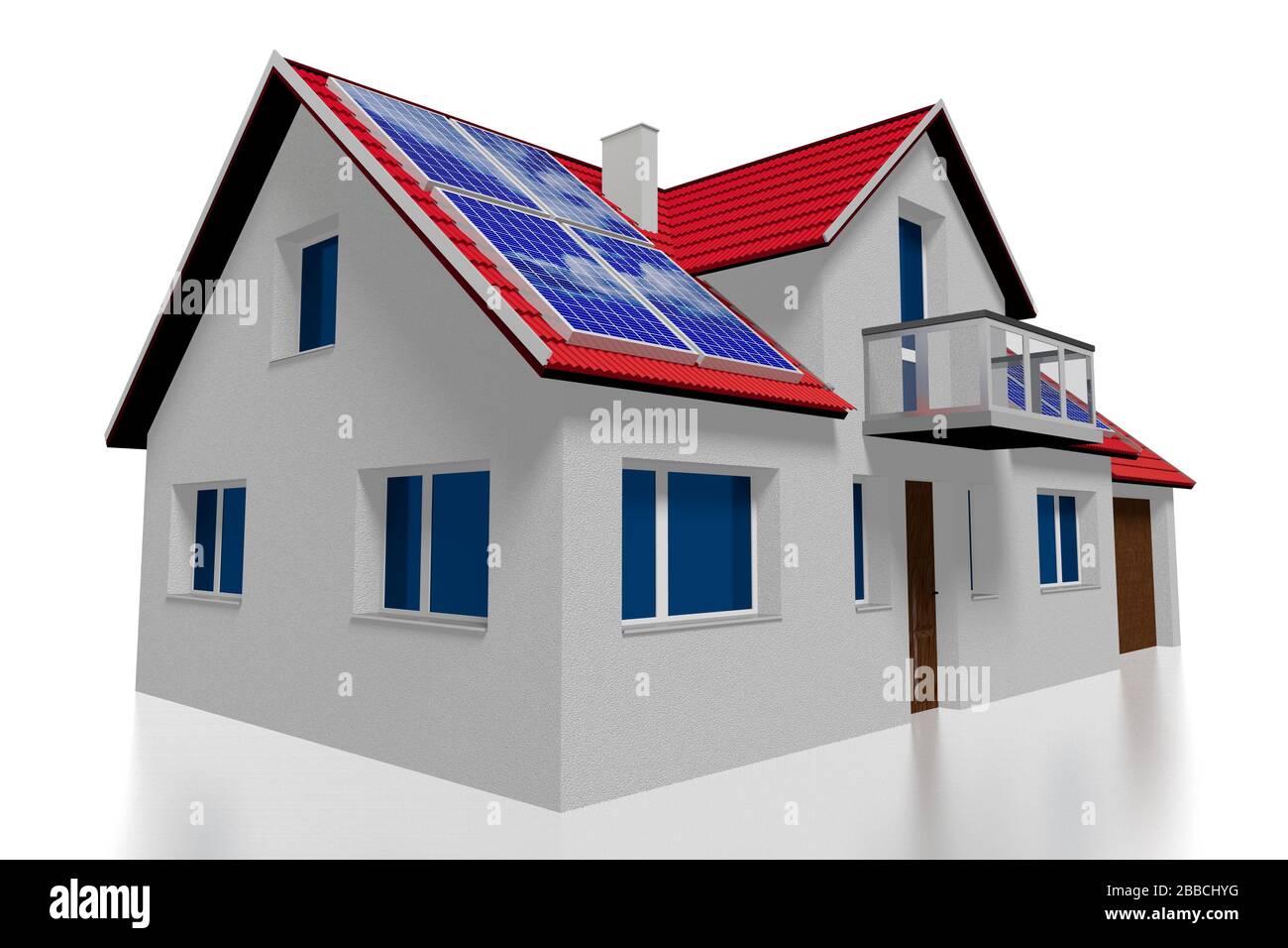 3D family house with solar/ photovoltaic panels installed on a roof ...