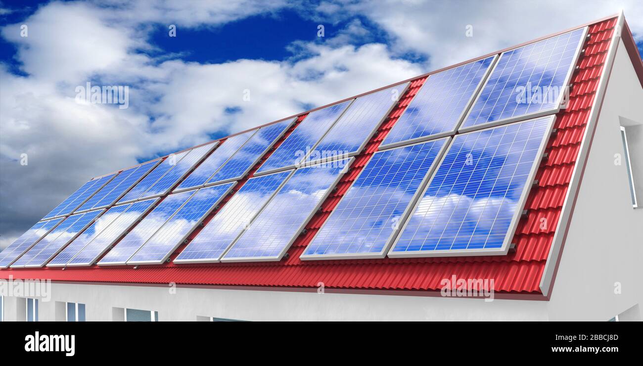 Solar/ photovoltaic panels installed on a roof. 3D rendering Stock ...