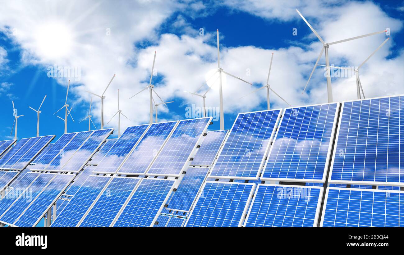 Solar panels installed on a roof, wind turbines. 3D rendering Stock ...