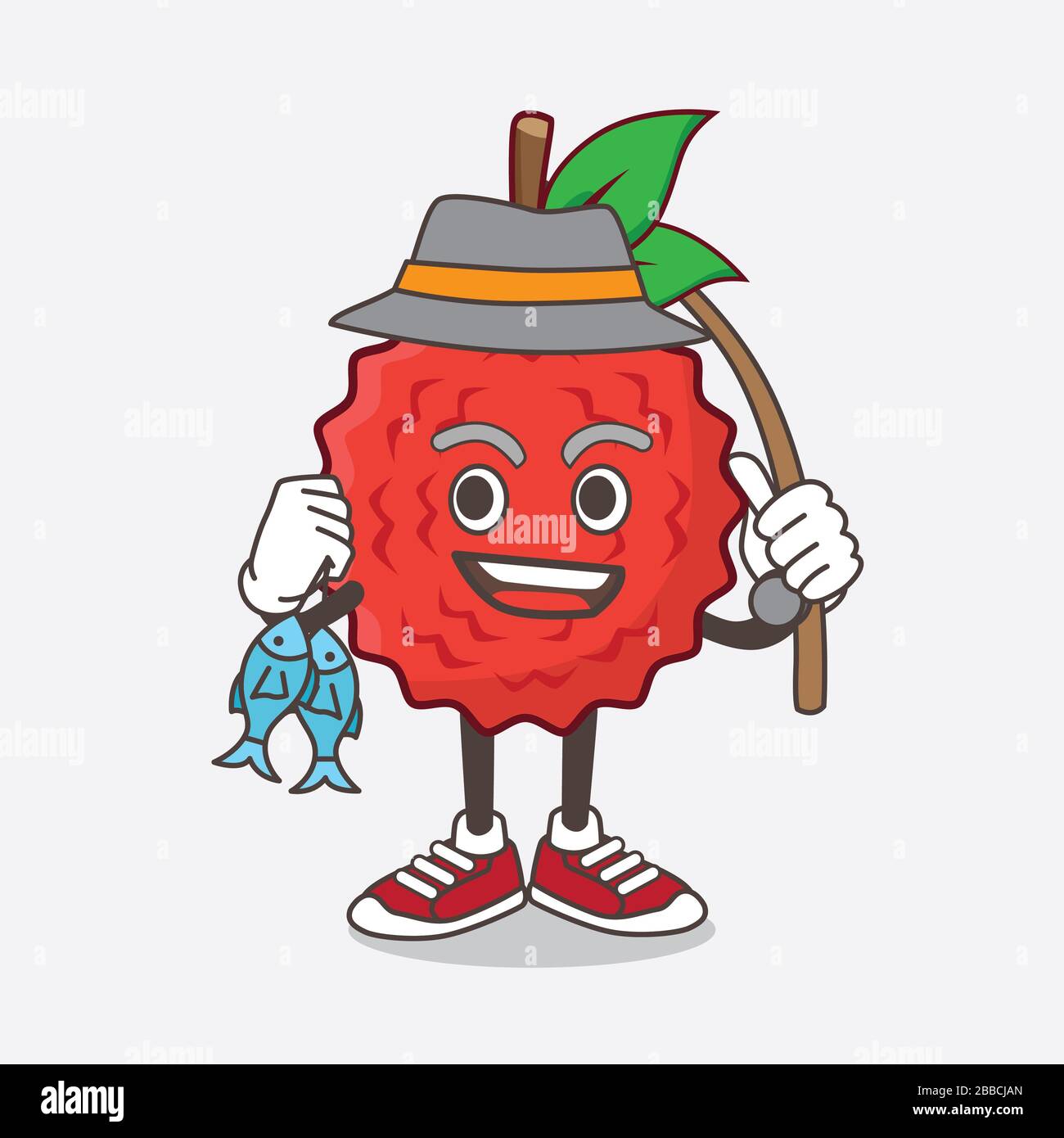 An illustration of Lychee Fruit cartoon mascot character fishing with 2 ...