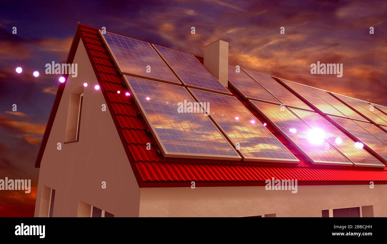 Solar panels installed on a roof, sunset sky. 3D rendering Stock Photo ...