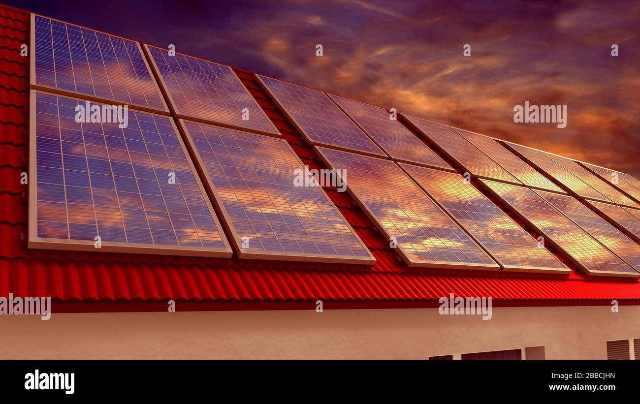 Solar panels installed on a roof, sunset sky. 3D rendering Stock Photo ...