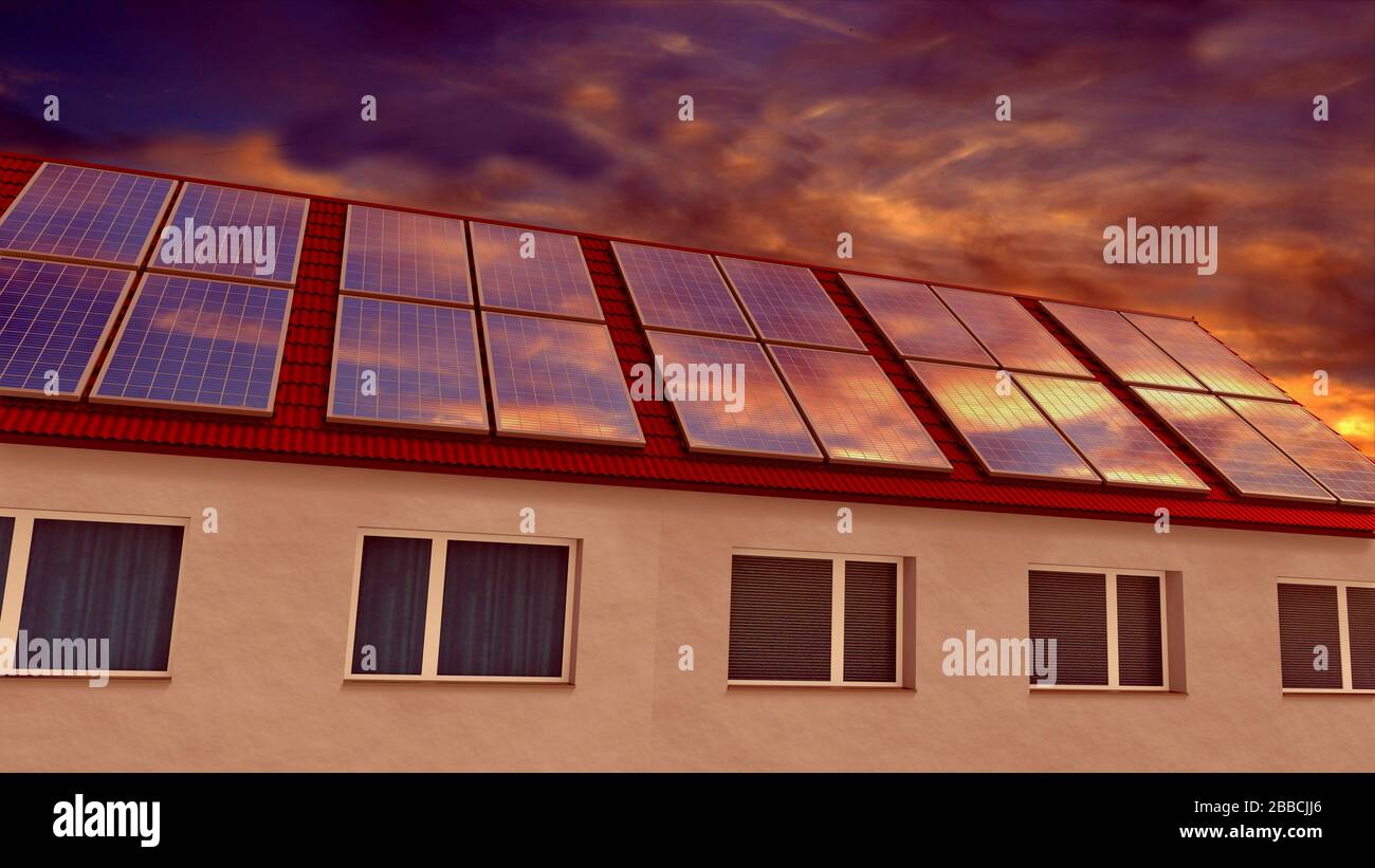 Solar panels installed on a roof, sunset sky. 3D rendering Stock Photo ...