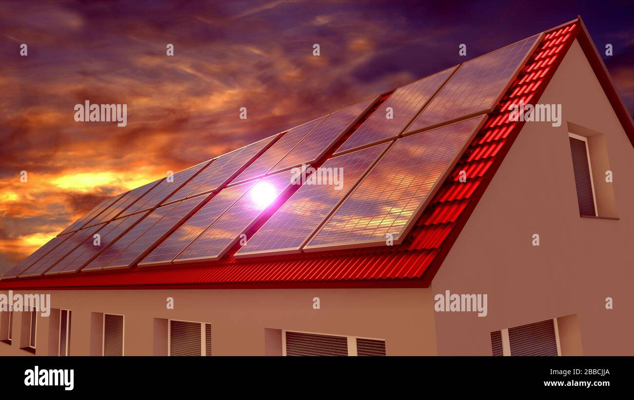 Solar panels installed on a roof, sunset sky. 3D rendering Stock Photo ...