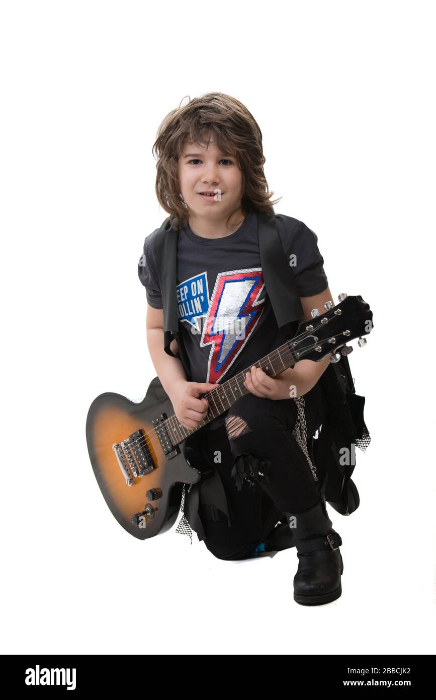 Rocker boy with electric guitar isolated on white background Stock ...