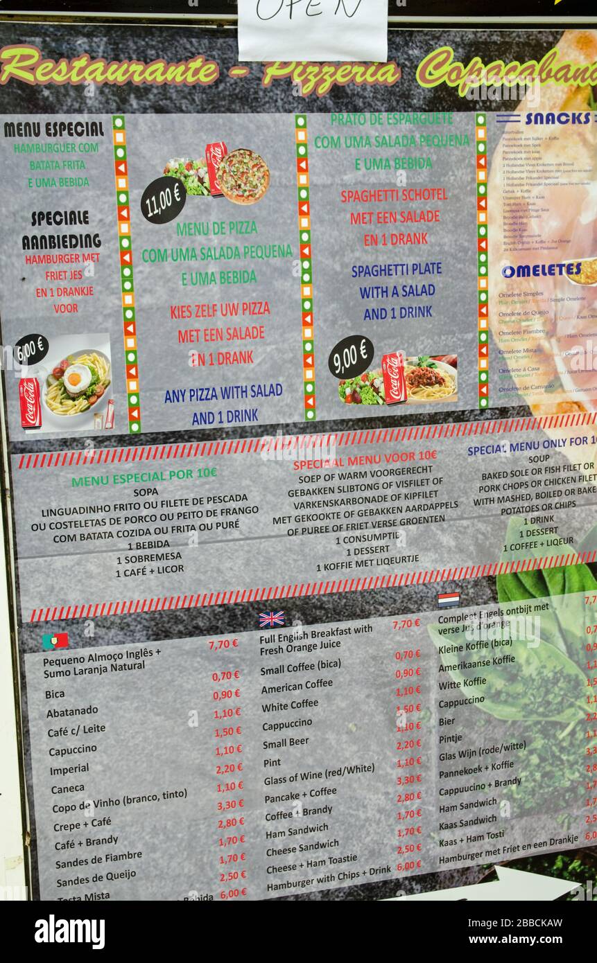Monte Gordo, Portugal - November 18, 2019: Multi-Lingual menu for a ...