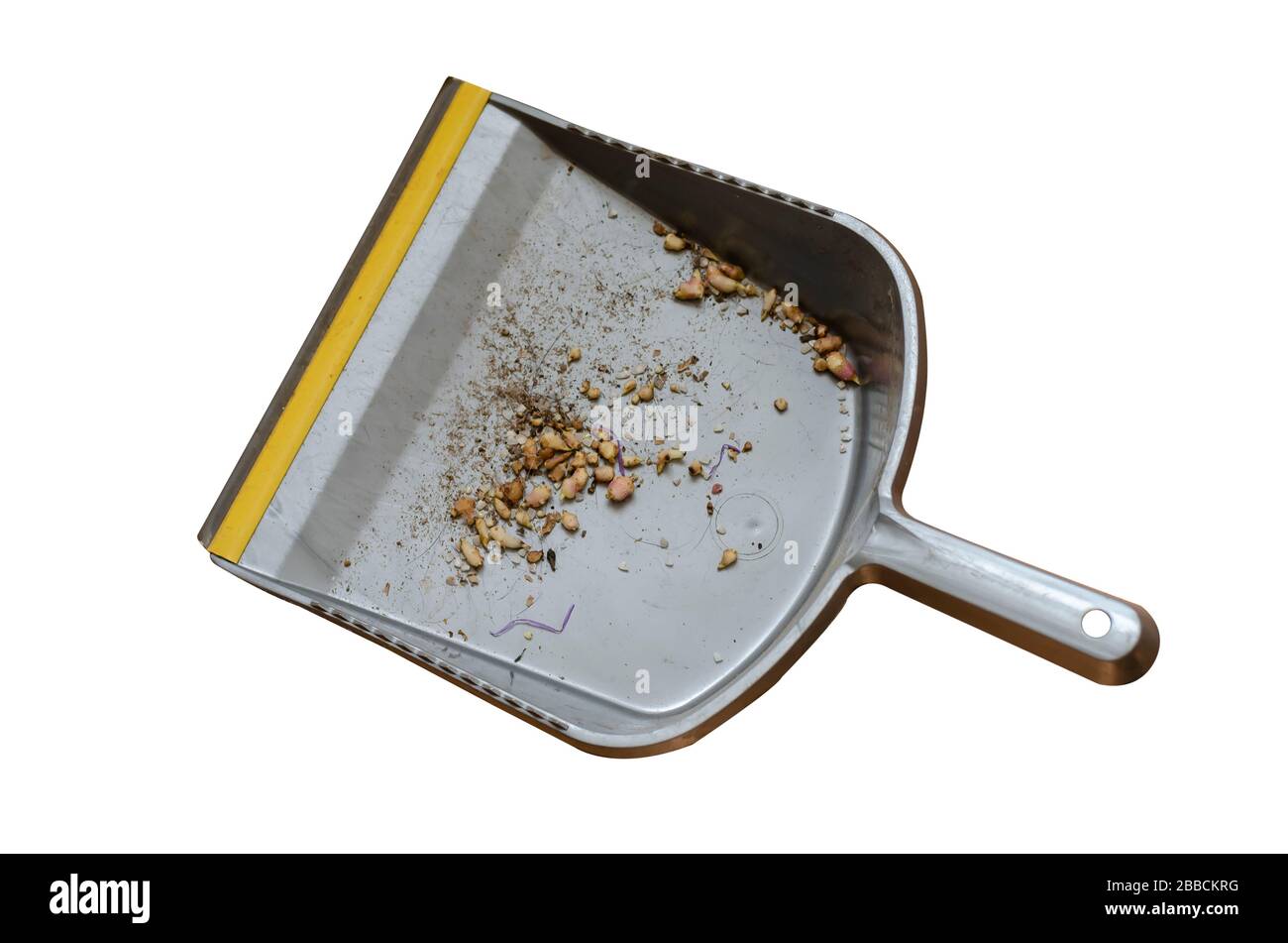 Plastic scoop with household waste. Gray trash scoop isolate on a white ...