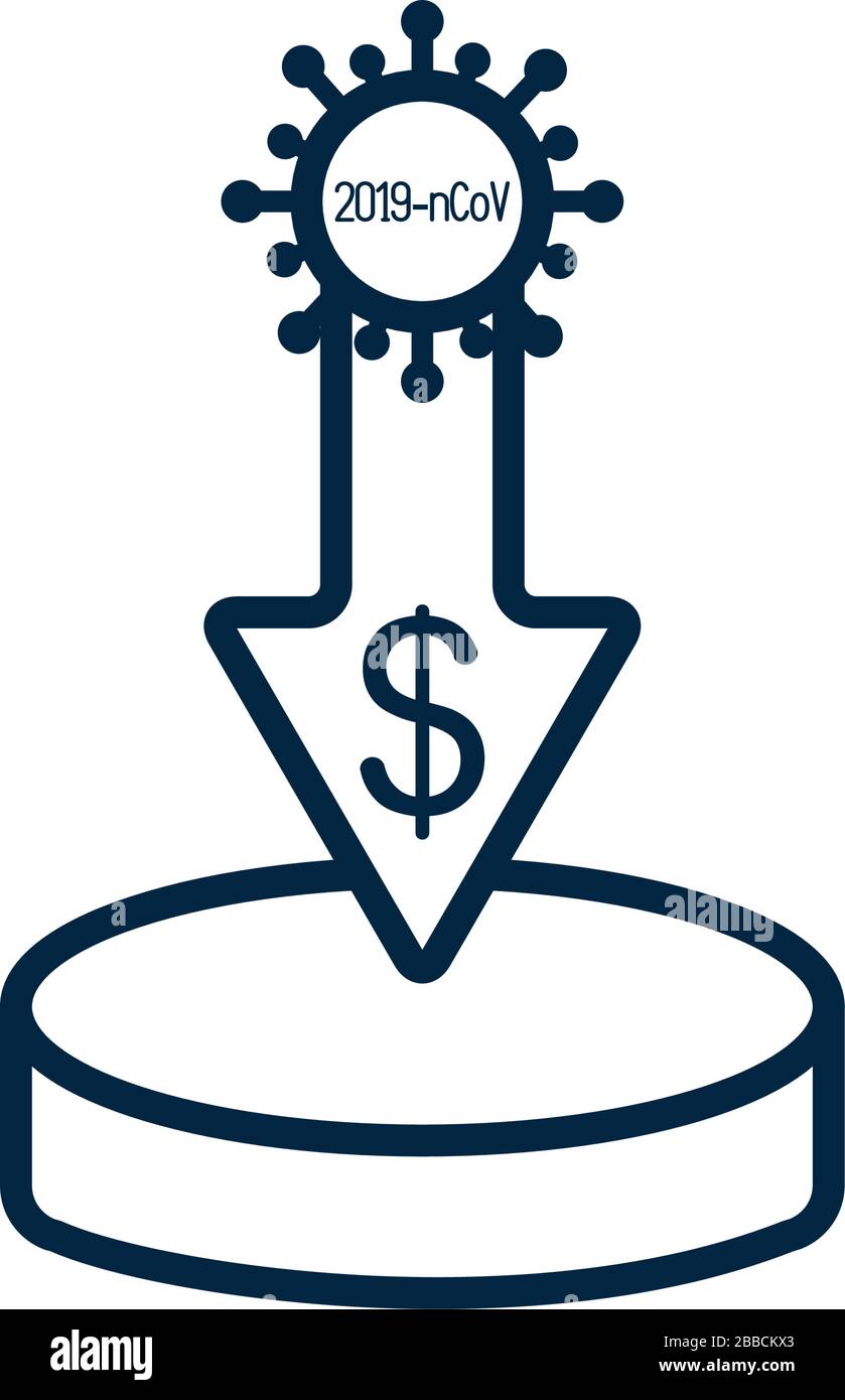 covid virus symbol and financial arrow down with money coin icon over ...