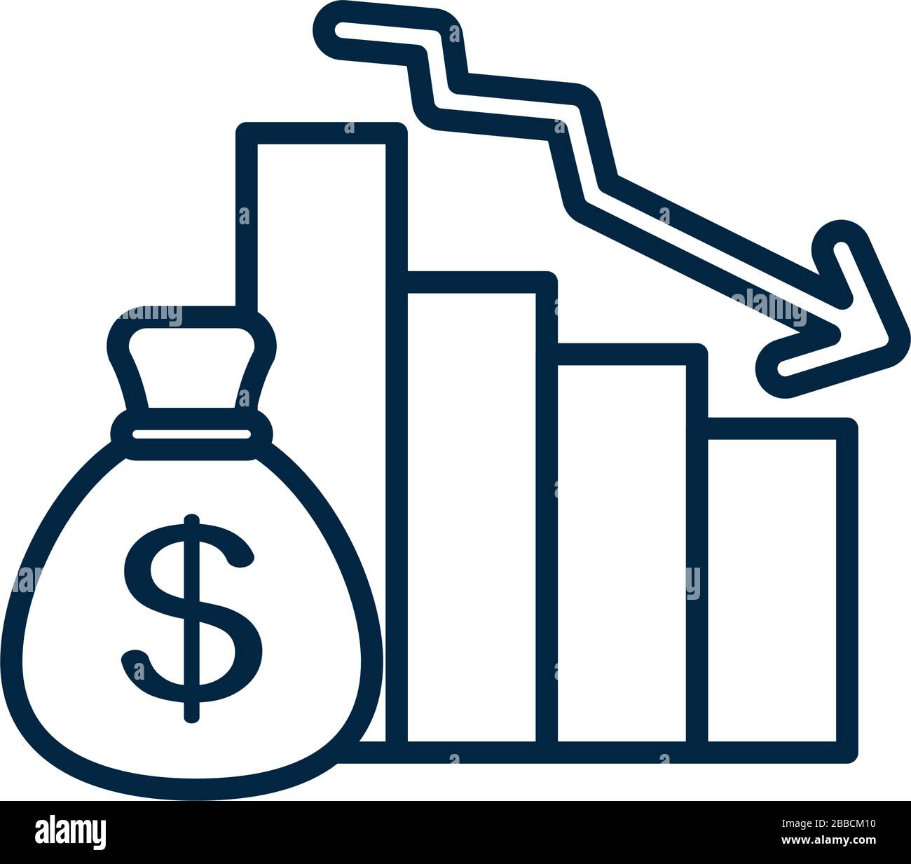 Graphic Bar Chart With Descending Financial Arrow And Money Bag Icon