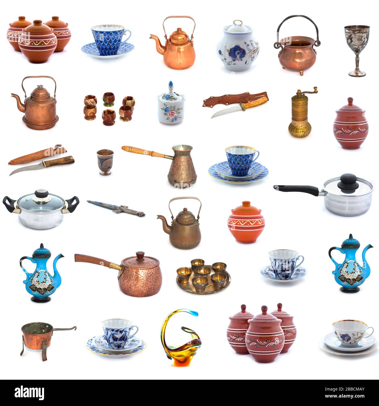 Collection of different dishes and tools on white background. Full size ...