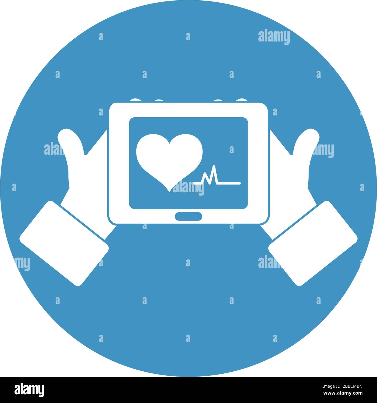 hands holding a tablet with cardio heart on screen icon over white ...