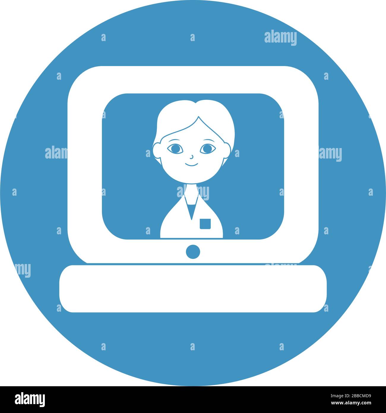 health online concept, computer and cartoon doctor online over white ...