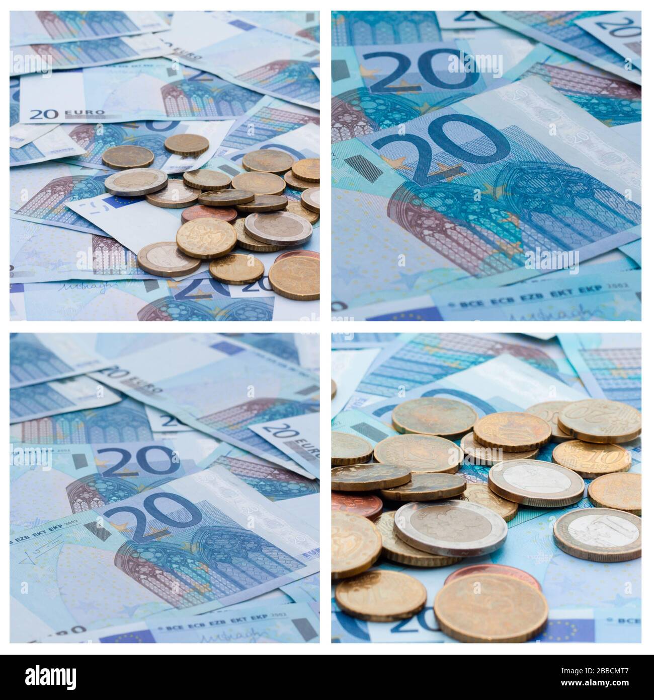 Collage of some euro banknotes and euro coins. Full size Stock Photo ...