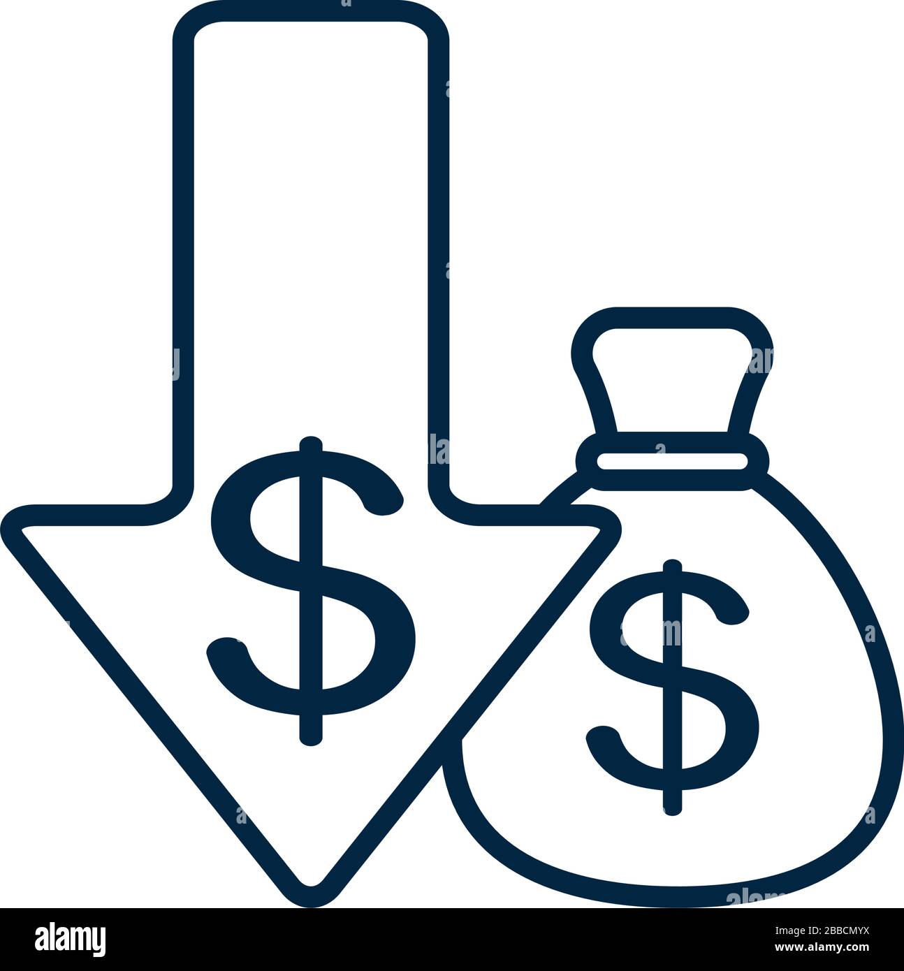 arrow down with money symbol and money bag icon over white background ...