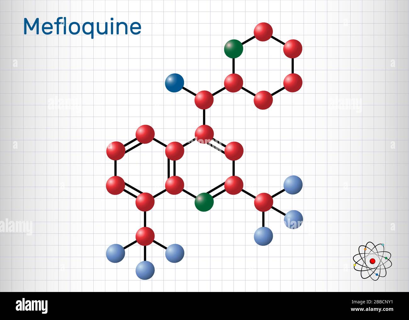 Mefloquine, C17H16F6N2O antimalarial drug molecule. It is medication ...
