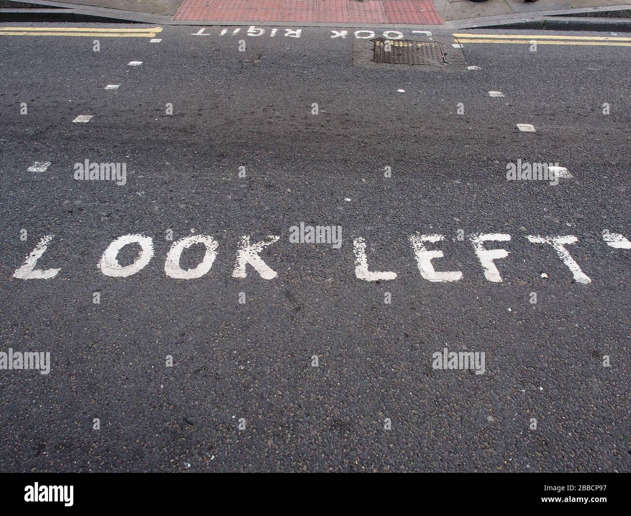 Pedestrian signs - look left and look right. Traffic warning - London ...