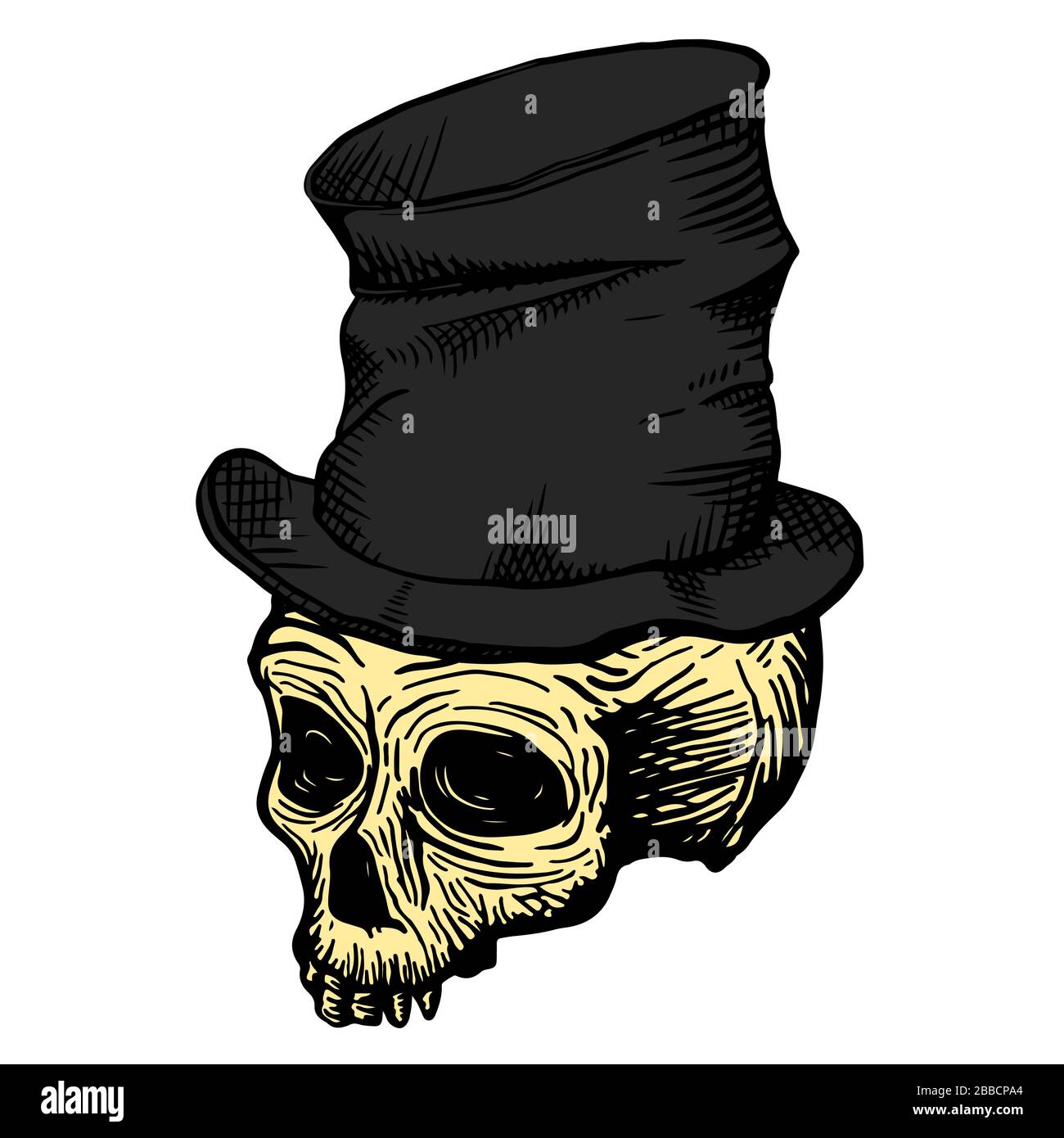 Hand drawn skull of a dead man in a black crumpled top hat, on a white ...