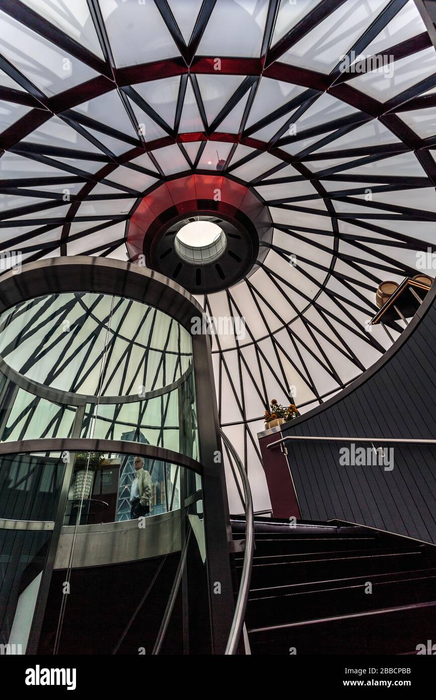 The stairs, lift and lightwell interior at the top of the Gherkin ...