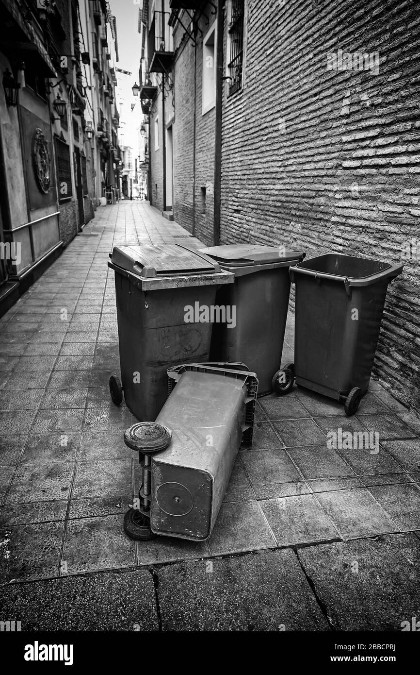 Garbage containers lying in the street, garbage detail lying in the ...