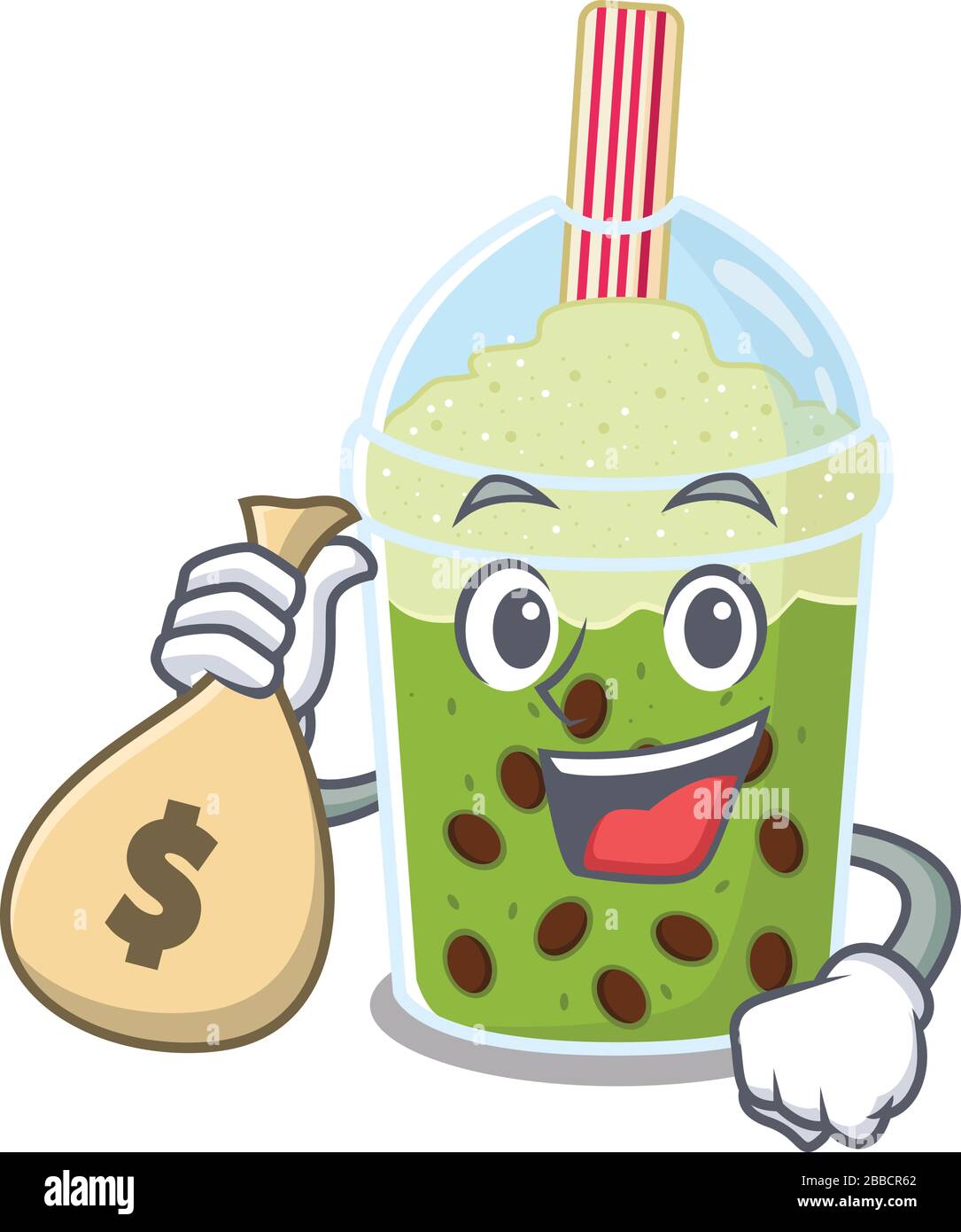 Smiley rich matcha bubble tea cartoon character bring money bags Stock ...