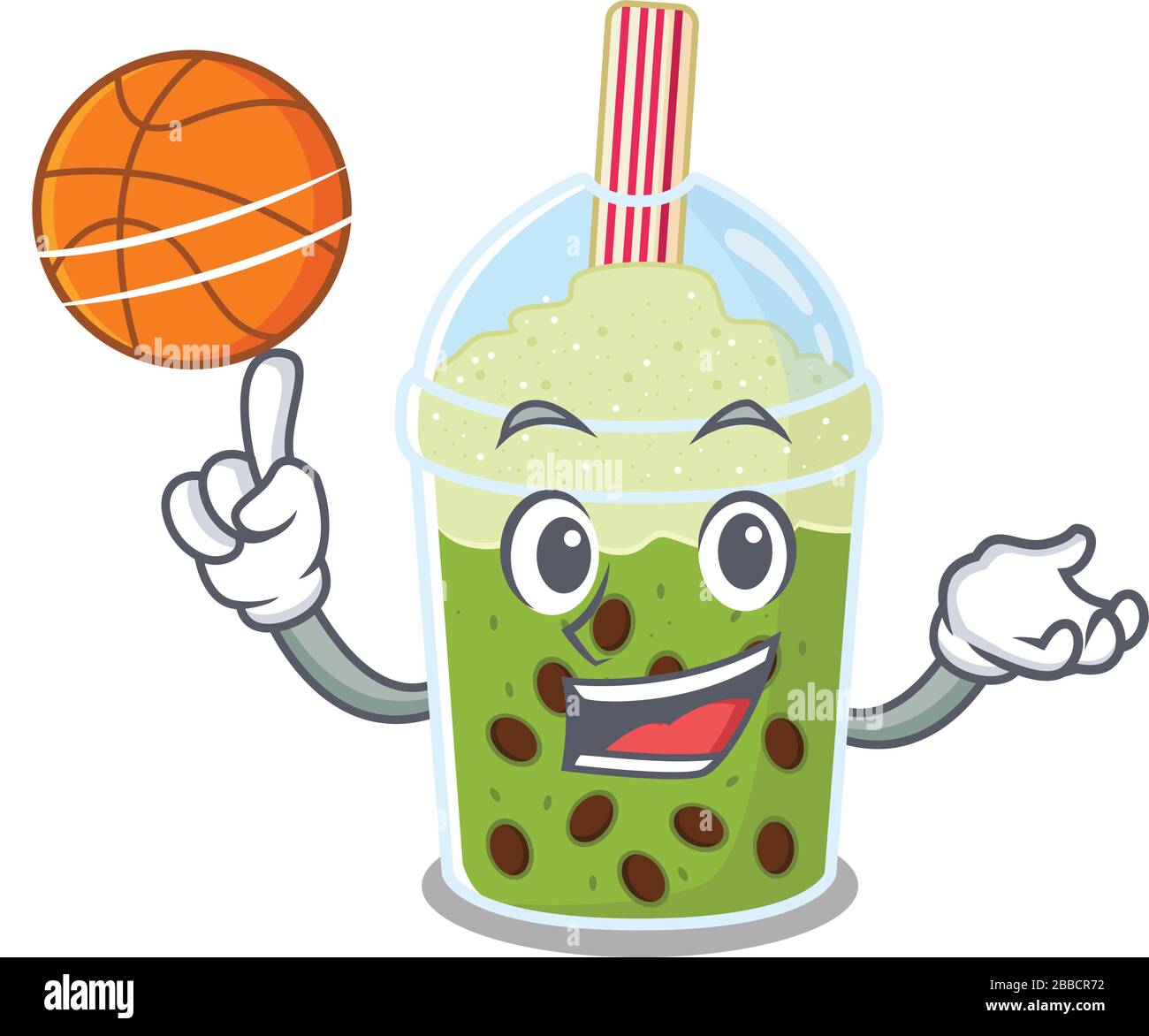 A sporty matcha bubble tea cartoon mascot design playing basketball ...