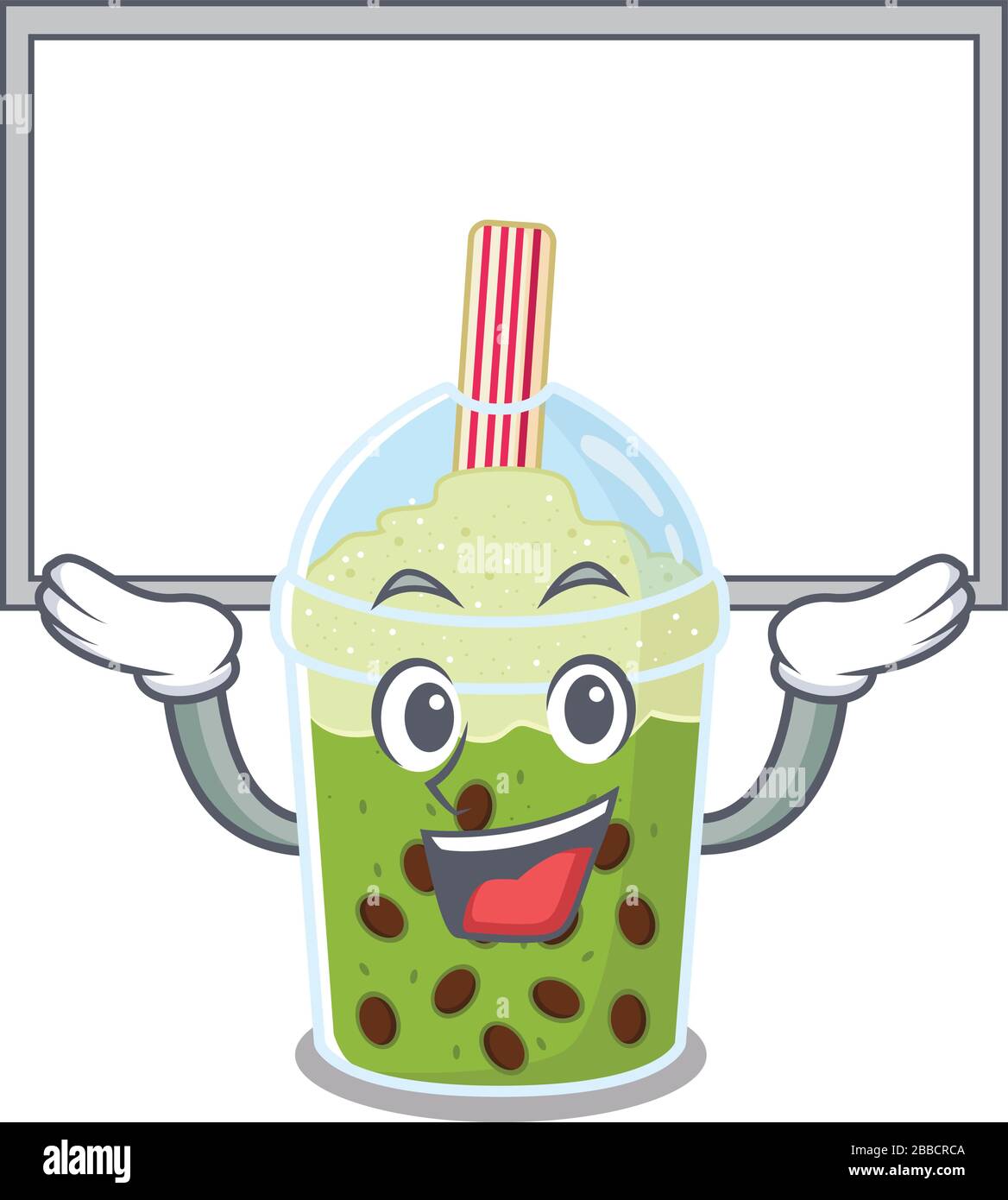Happy cartoon character of matcha bubble tea raised up board Stock ...