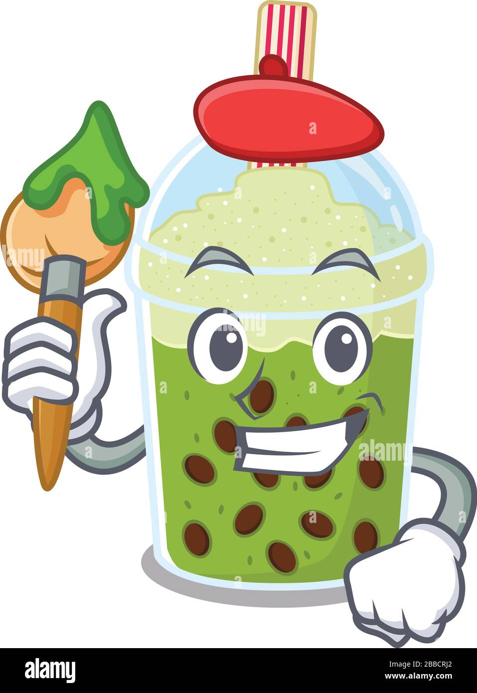 Talented matcha bubble tea Artist cartoon character with brush Stock ...