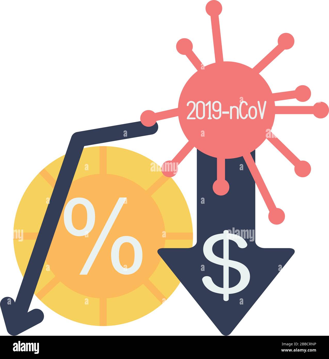 stock market crash concept, descending financial arrow and covid19 symbol and arrow with money ...