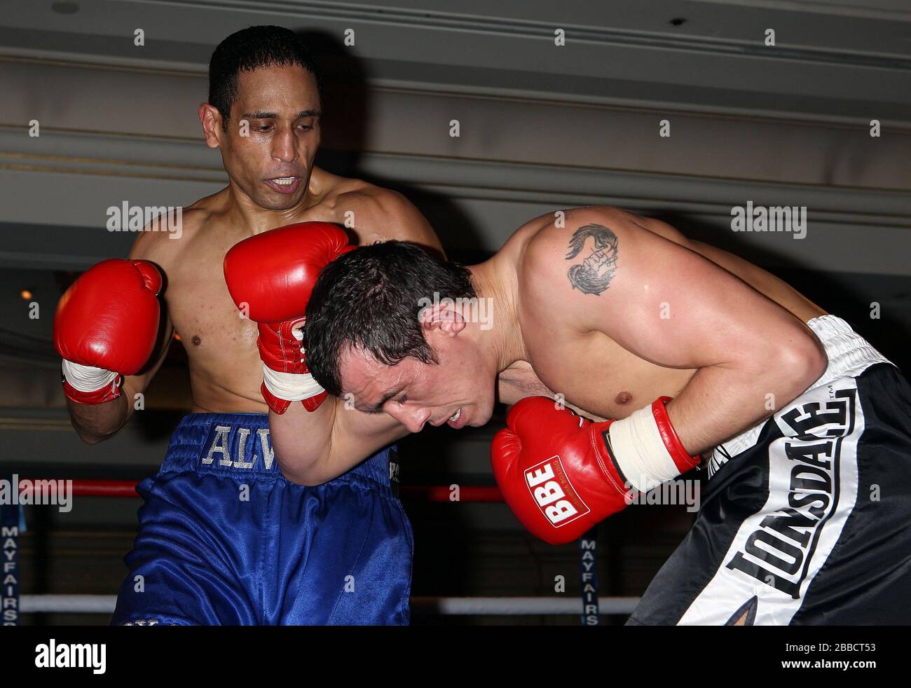 Wayne Alwan-Arab (blue shorts) defeats Kevin McCauley in a Middleweight ...
