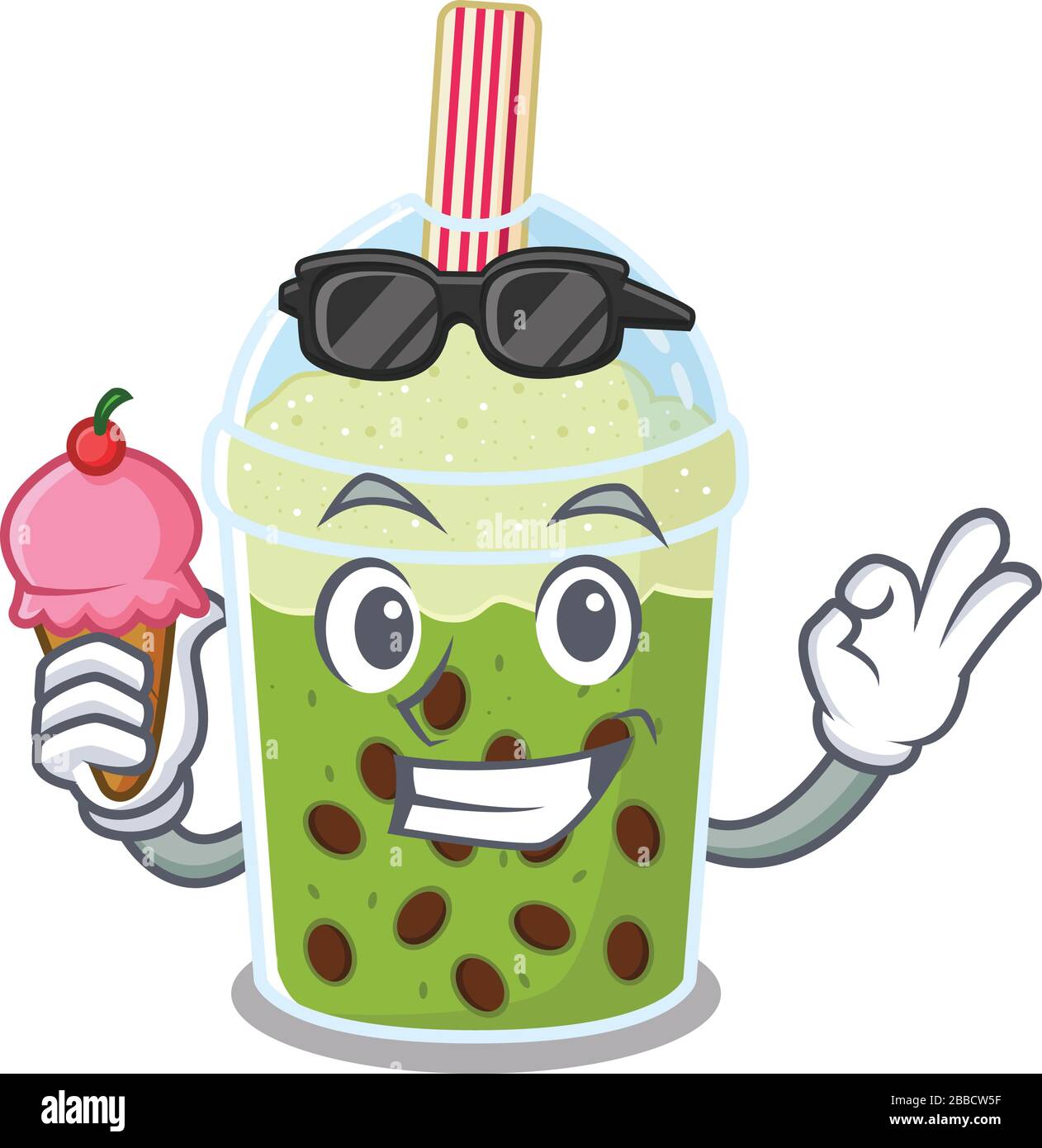 cartoon character of matcha bubble tea holding an ice cream Stock ...