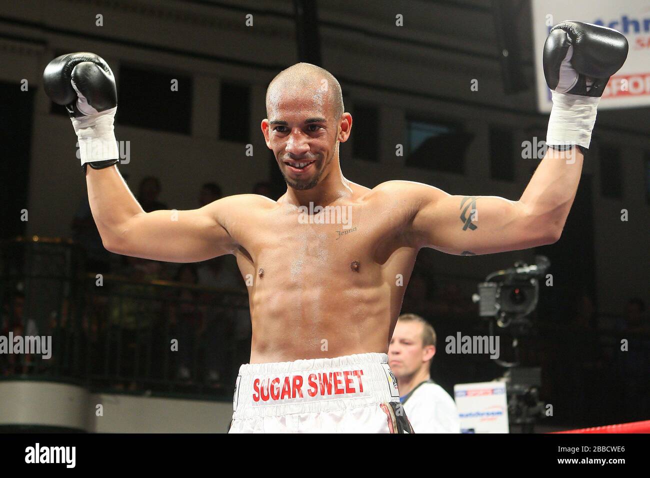 Bradley Pryce (white shorts) defeats Ted Bami in a Welterweight boxing ...