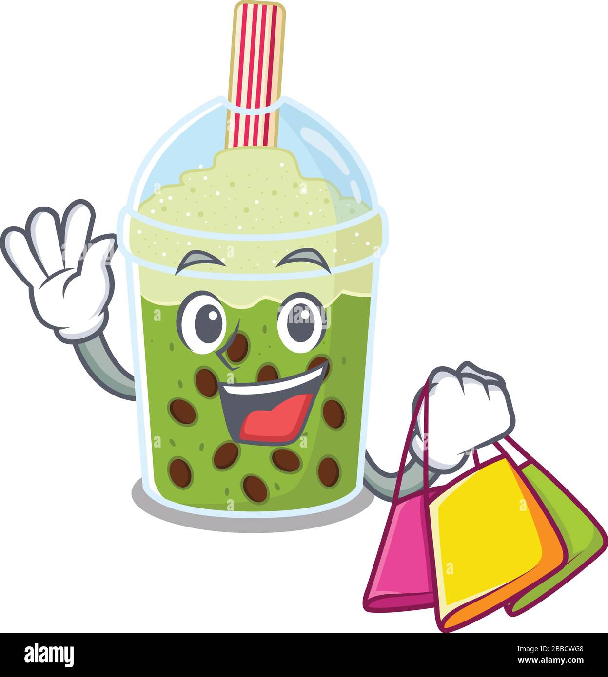 Happy rich matcha bubble tea mascot design waving and holding Shopping ...