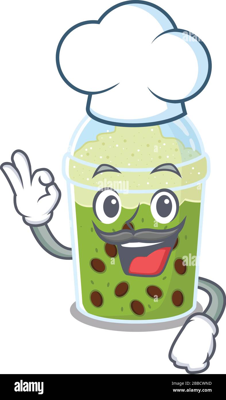 Cute matcha bubble tea cartoon character wearing white chef hat Stock ...