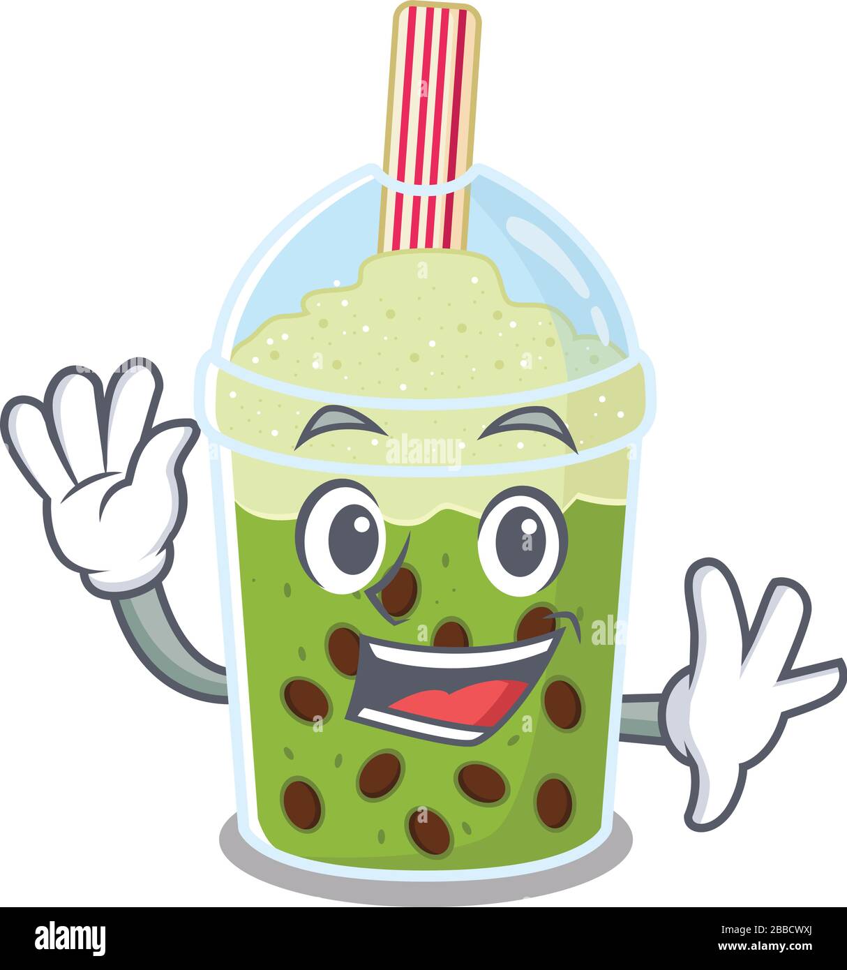 Smiley matcha bubble tea cartoon mascot design with waving hand Stock ...