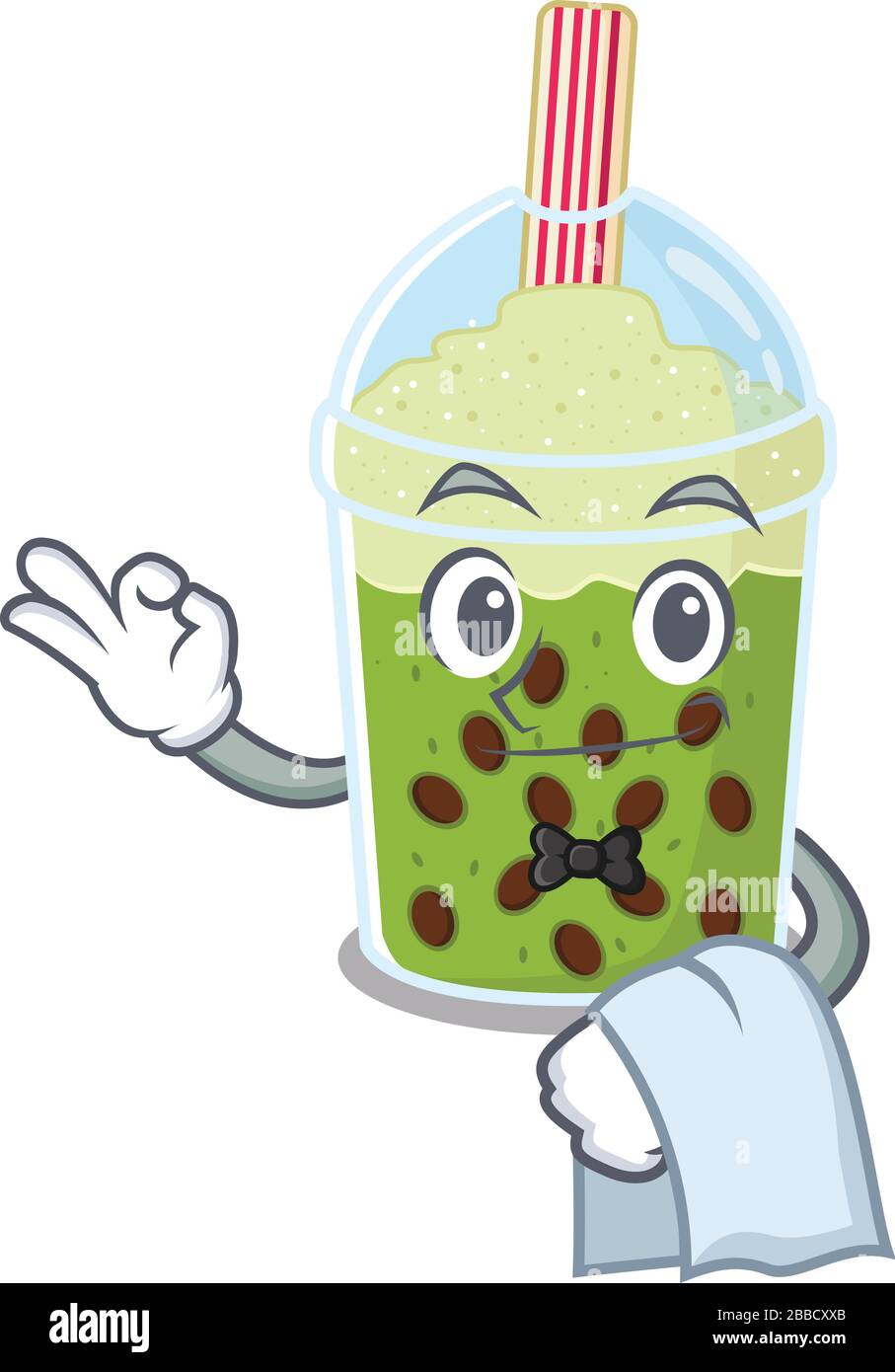 A design of matcha bubble tea cartoon character working as waiter Stock ...