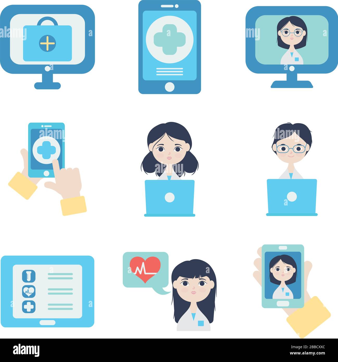 technology devices and health online icon set over white background ...