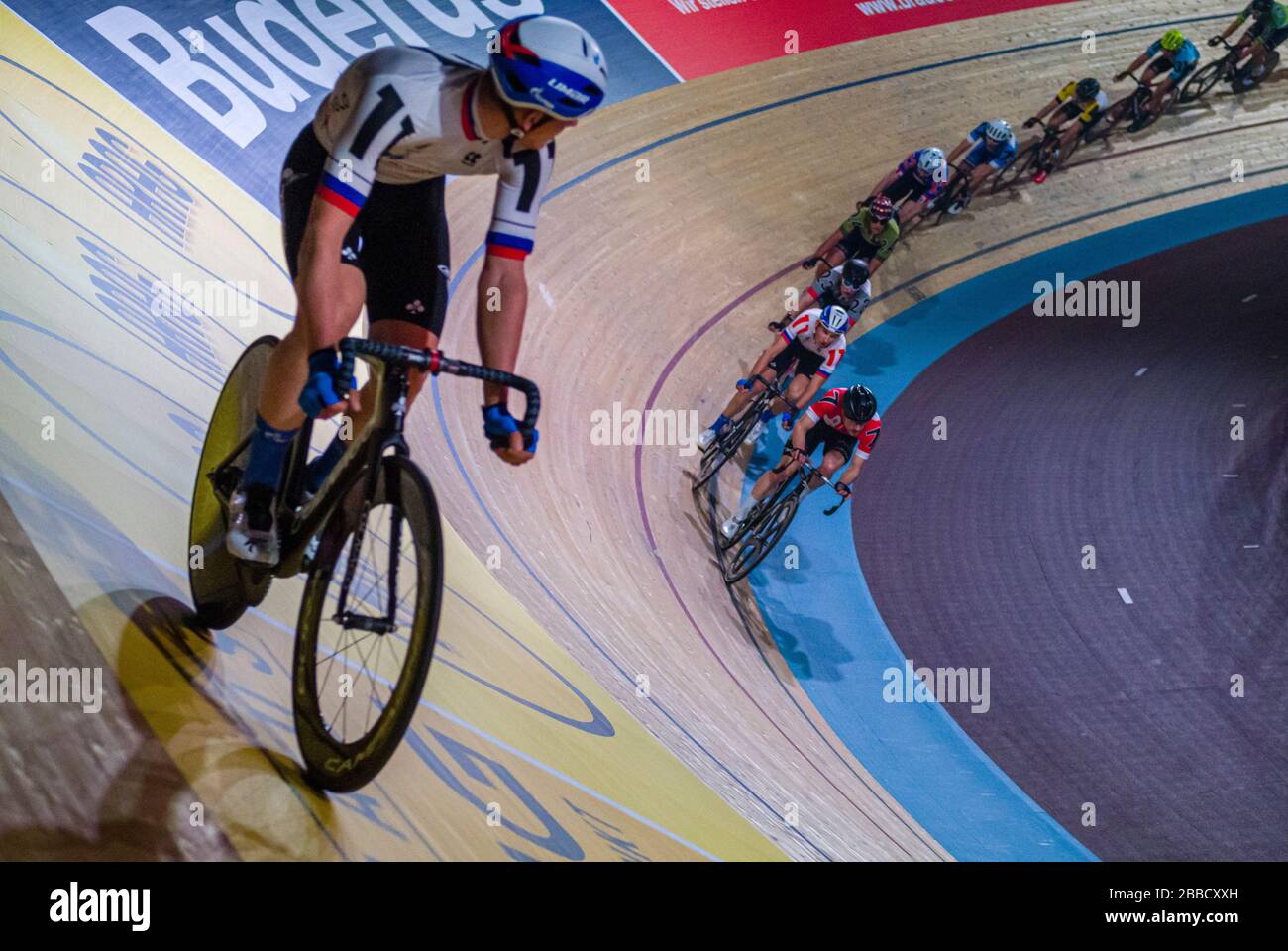 Cyclists racing at the Six Days of Berlin, a six-day track cycling race ...
