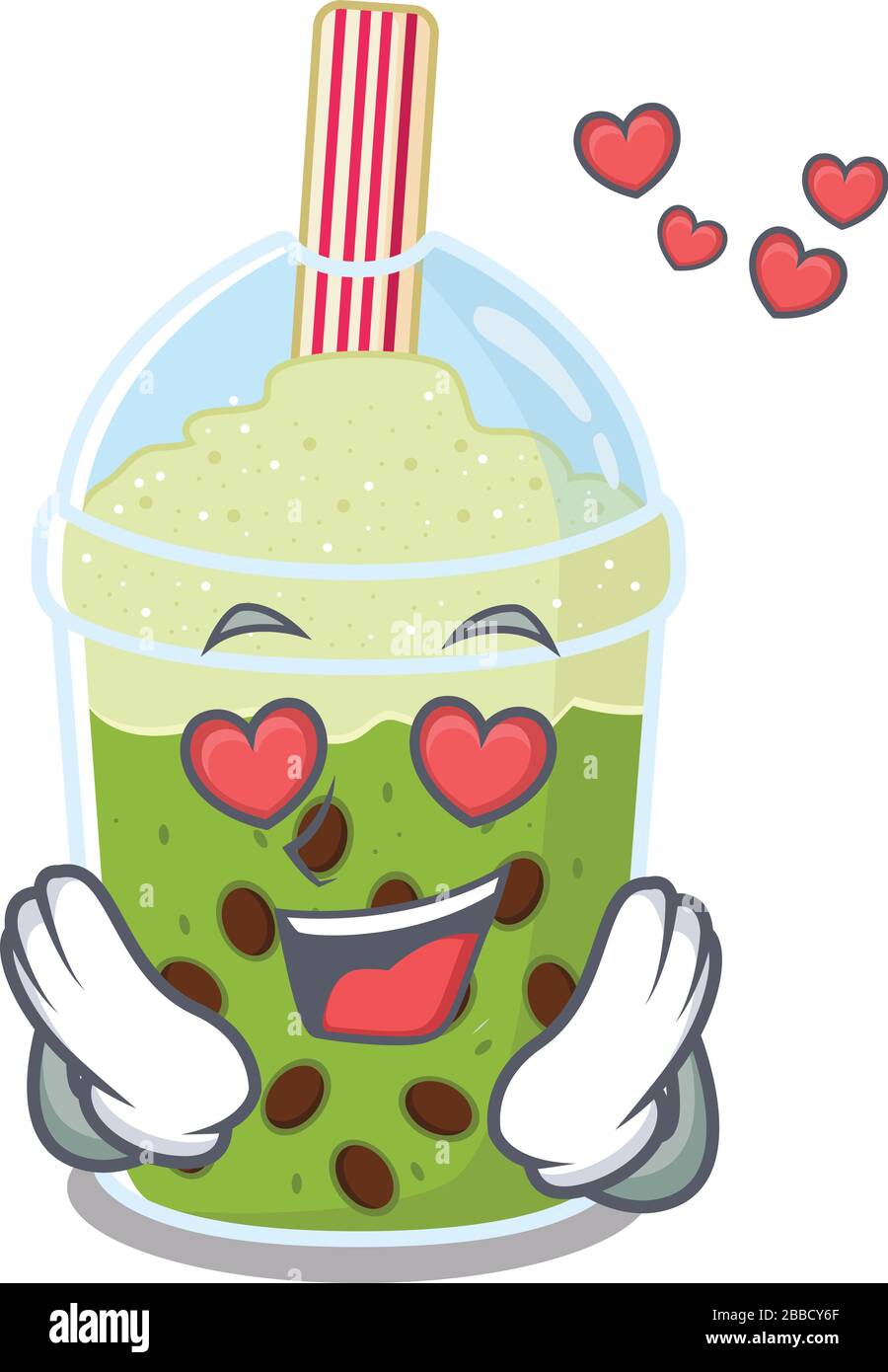 cute matcha bubble tea cartoon character showing a falling in love face ...