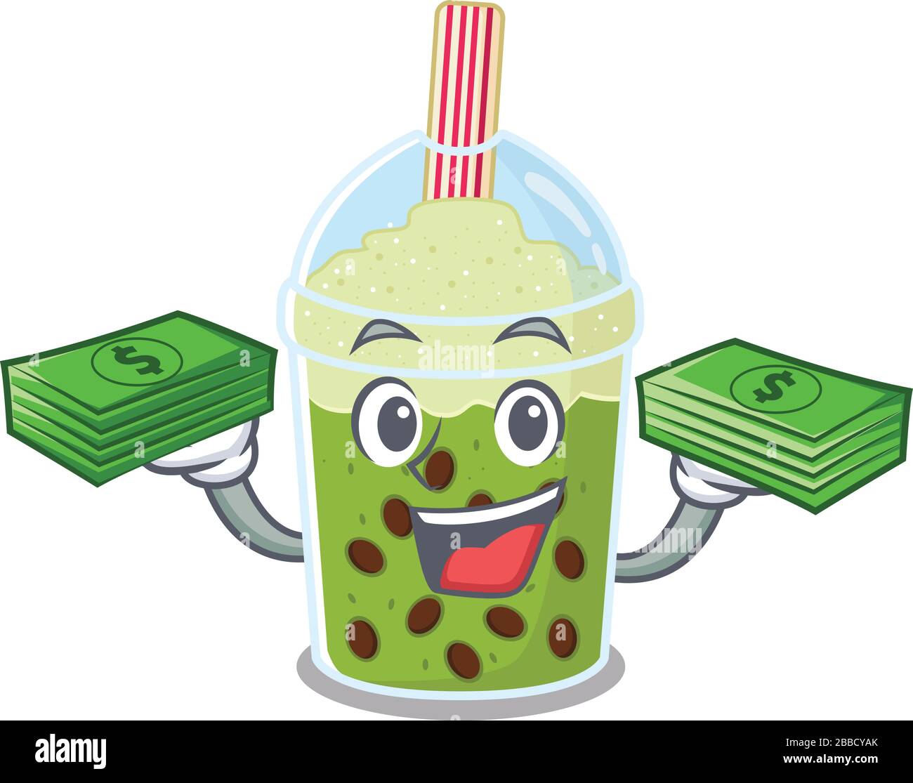 happy face matcha bubble tea character having money on hands Stock ...
