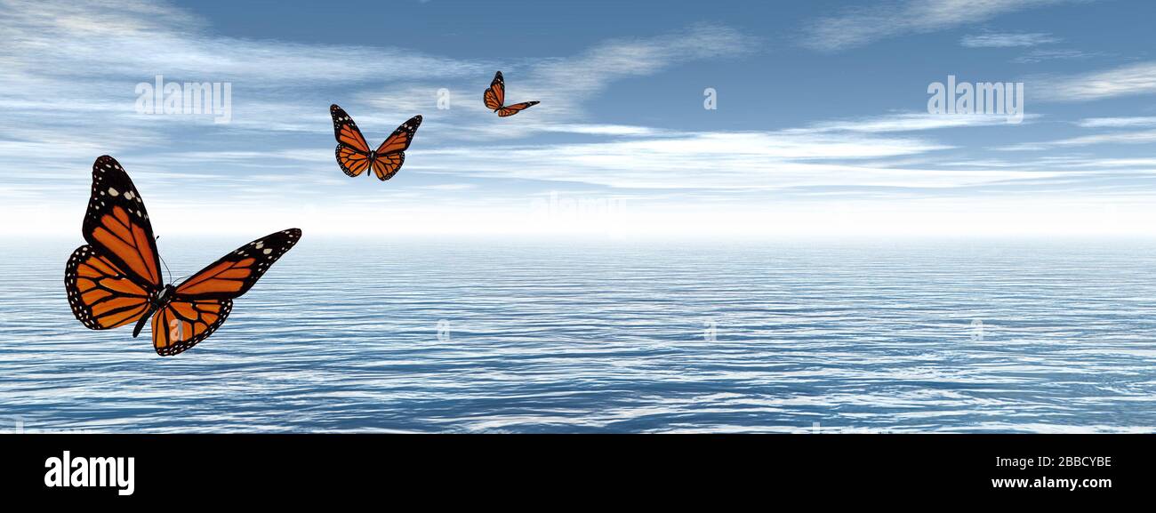 Butterflies flying to the horizon - 3D render Stock Photo - Alamy