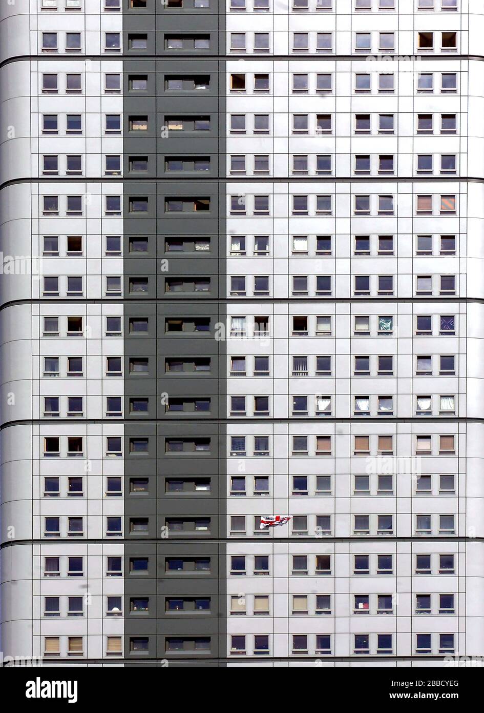 Union Jack flying in window of tower block / High rise flats Stock ...